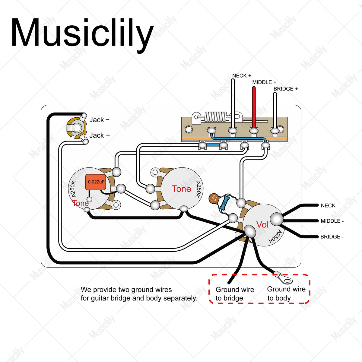 Musiclily Pro Electric Guitar Pre-wired Wiring Harness MX3173NK Wiring ...
